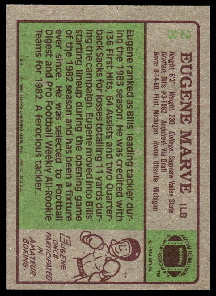 1984 TOPPS EUGENE MARVE B BUFFALO BILLS #28 | eBay