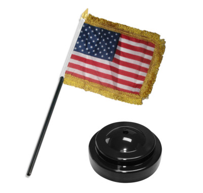 US USA American America w/ Gold Fringe Flag 4"x6" Desk Set Black Base ...
