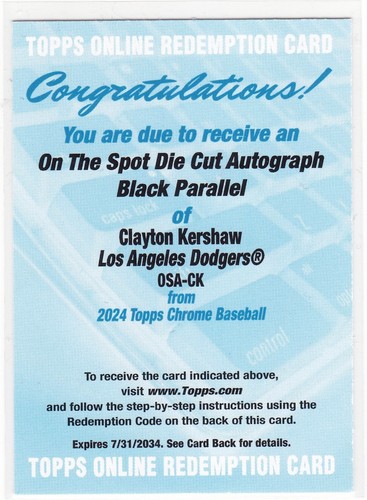 2024 Topps Chrome Clayton Kershaw On The Spot Die Cut Auto Black ...