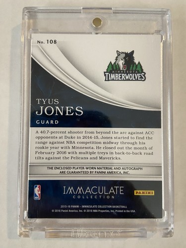2015-16 Panini Immaculate Rookie Patch Autograph #108 Tyus Jones #/99 ...
