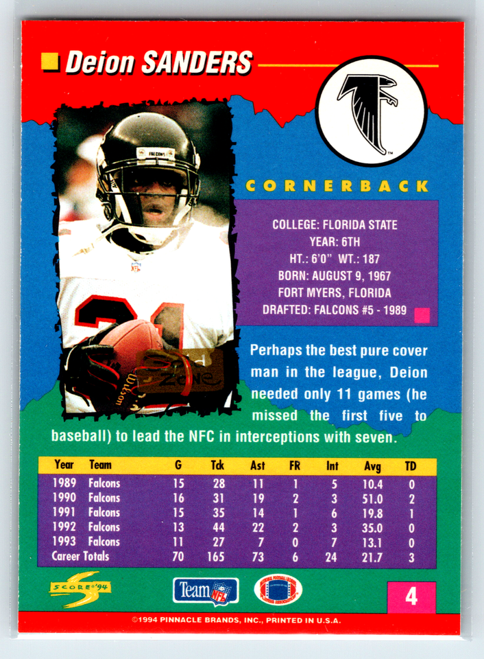 Deion Sanders 1994 Score Gold Zone #4 Atlanta Falcons | eBay