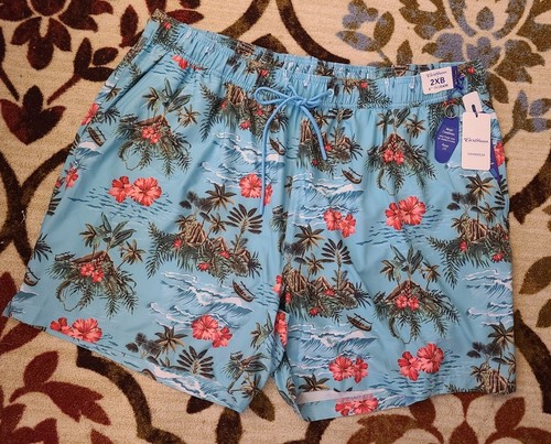 NWT CARIBBEAN Hawaiian Floral Print Swim Trunks Blue Mens Shorts 2XB ...