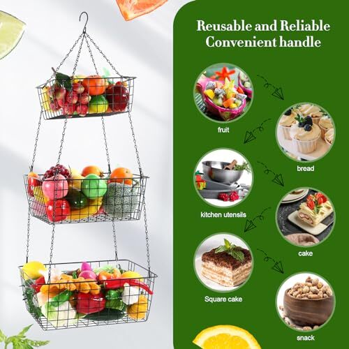 3 Tier Hanging Fruit Basket Square 35.4 Inch Fruit Organizer Heavy Duty ...