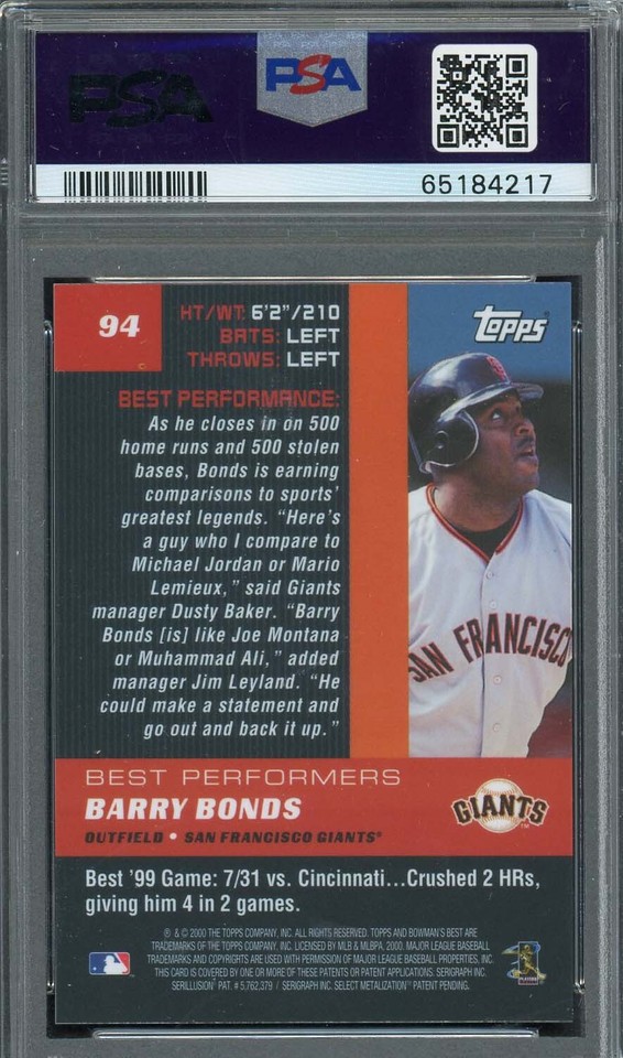 Barry Bonds 2000 Bowman's Best Baseball Card #94 Graded PSA 10 | eBay