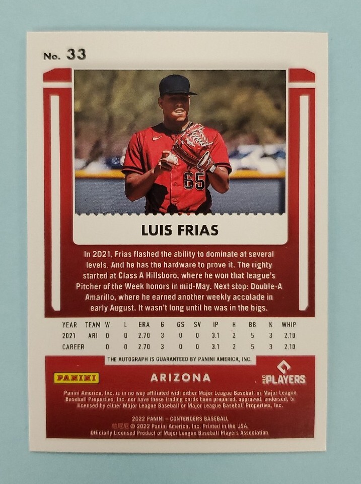 2022 Panini Contenders Luis Frias Auto Red Draft Ticket Rookie RC #33 ...