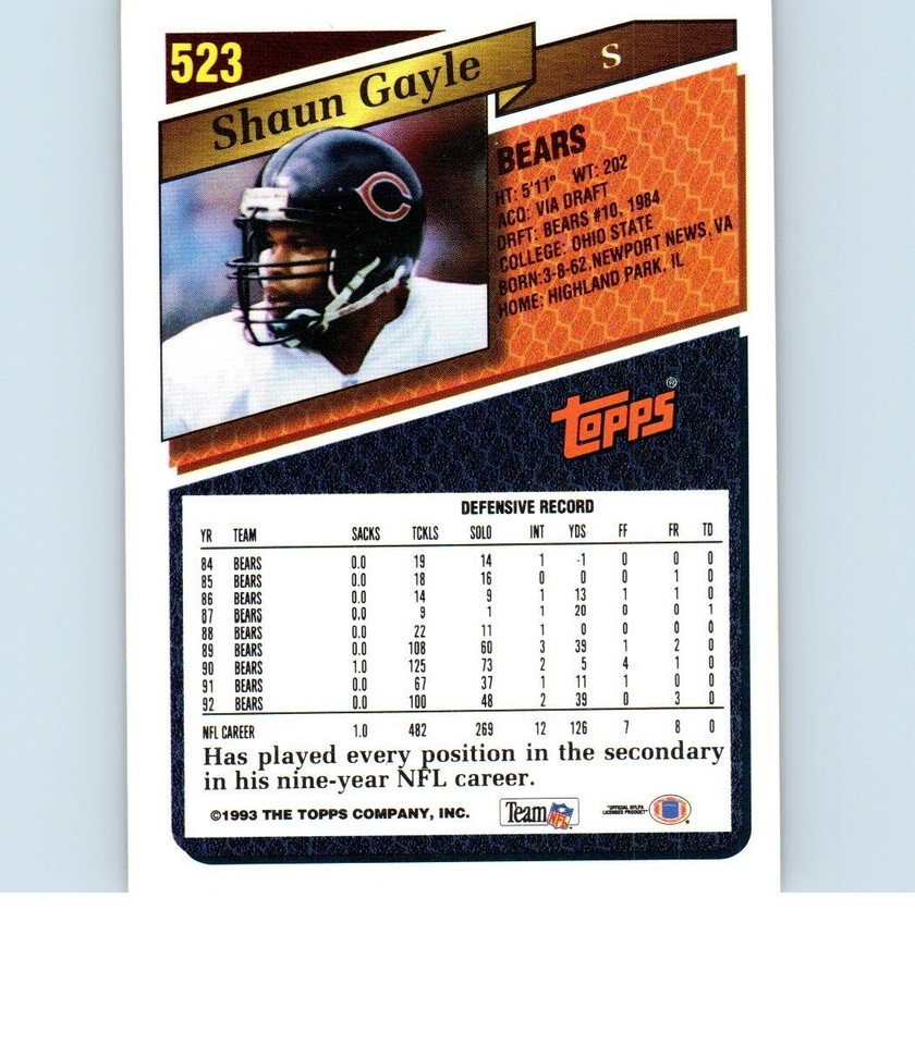 Shaun Gayle 523 Bears 1993 Topps NFL Football Trading Card | eBay