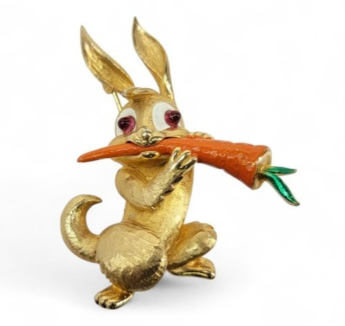 Vintage Marcel Boucher Rabbit Brooch Gold Plated Biting Orange Carrot ...