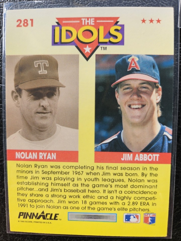 Nolan Ryan & Jim Abbott - 1992 Score Pinnacle The Idols #281 | eBay