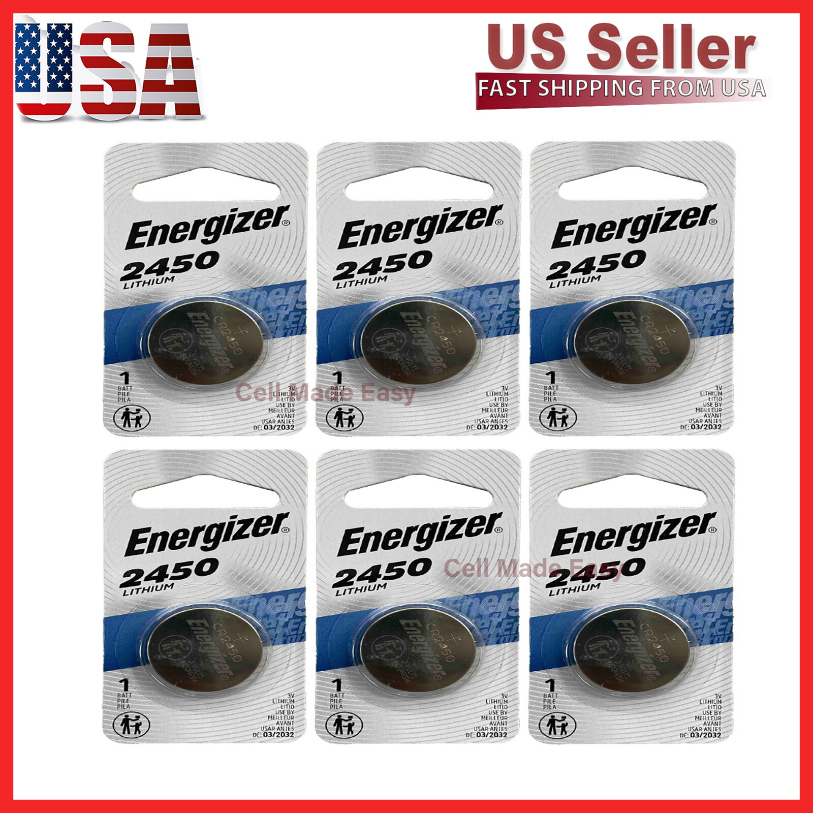 6 Pack New Fresh Energizer ECR2450 CR2450 BR2450 Lithium 3V Battery Exp ...