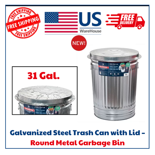 31 Gal. Galvanized Steel Trash Can with Lid – Round Metal Garbage Bin ...