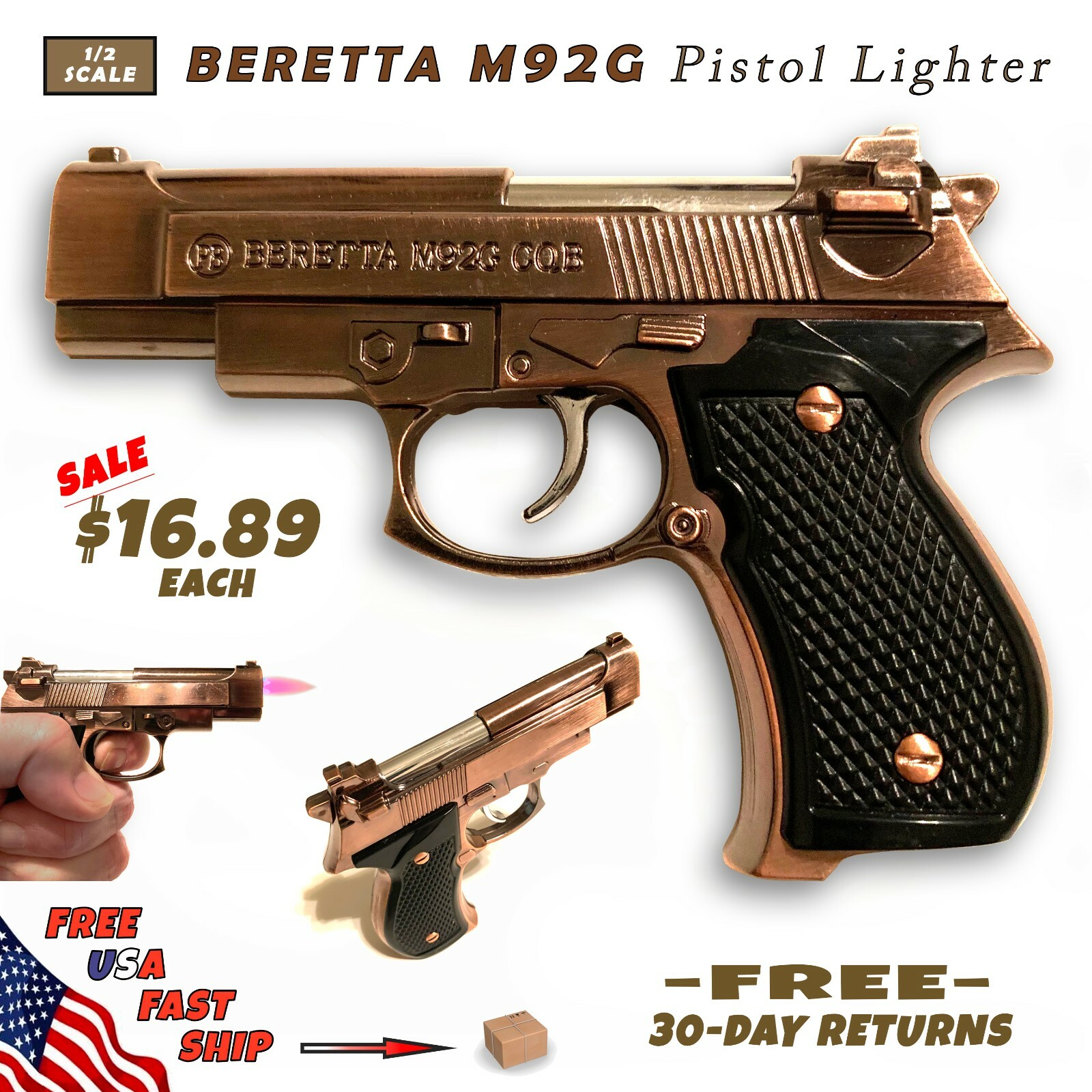 Beretta M92G Jet Torch Pistol Gun Lighter 1/2 Scale Bronze - Trigger ...