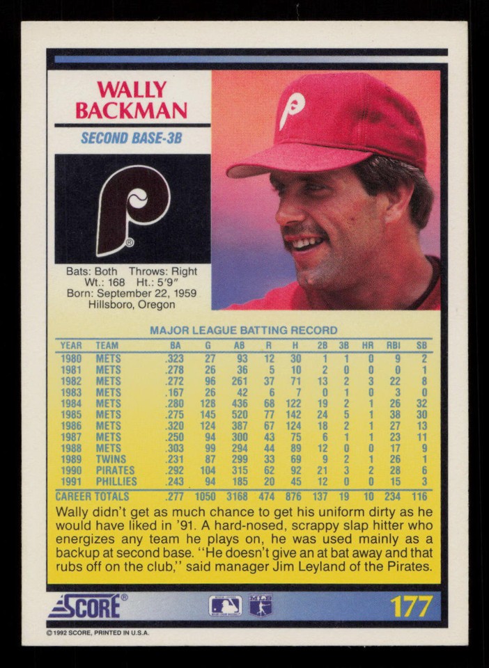1992 Score Wally Backman #177 Philadelphia Phillies Baseball Card | eBay