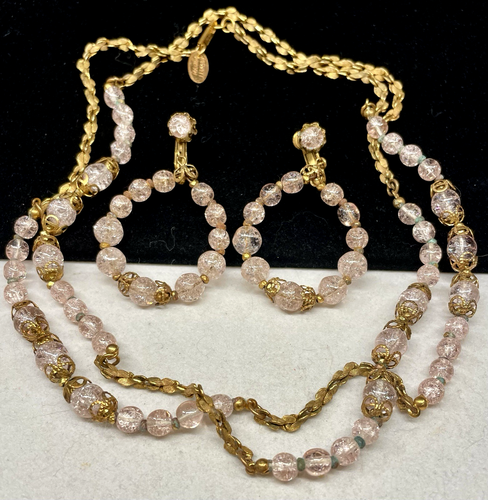 Miriam Haskell Signed Set Rare 1950's Pink Art Glass Necklace Earrings ...