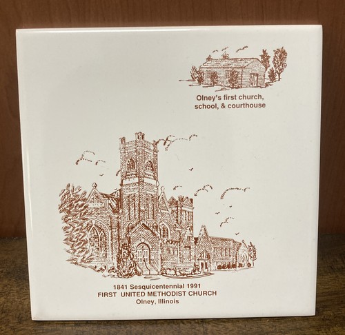 Vtg Ceramic Tile wall Trivet OLNEY IL 6" First United Methodist Church ...