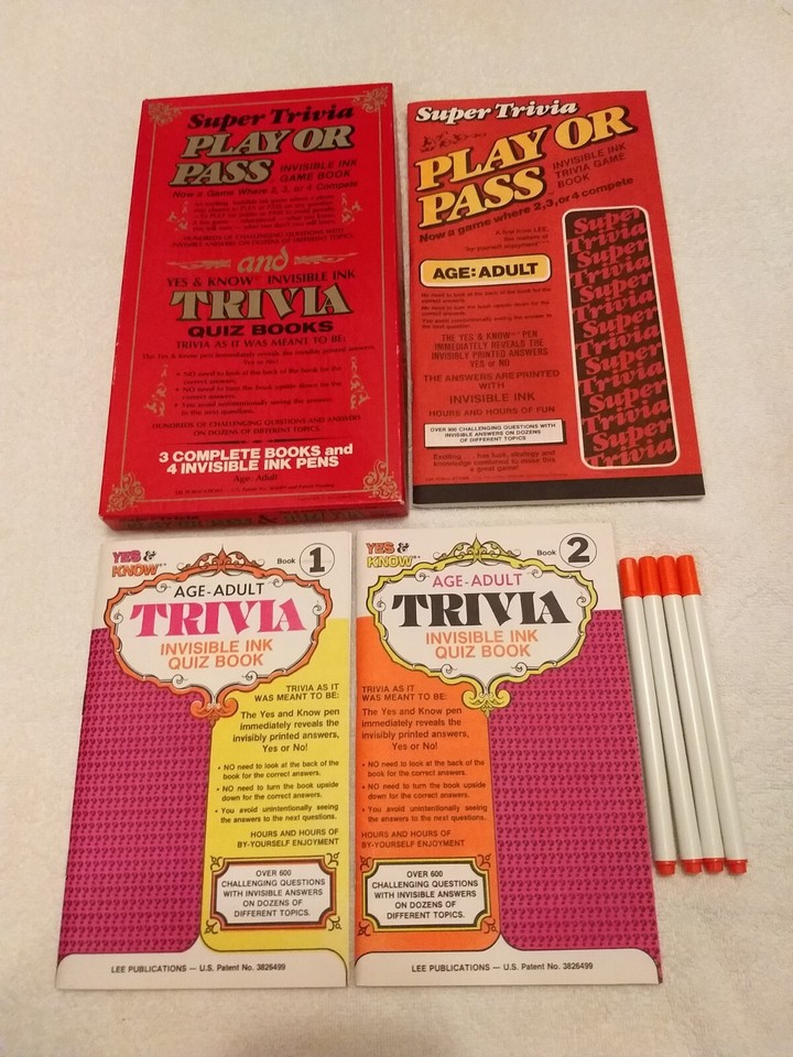 Vintage Super Trivia Play or Pass Invisible Ink Pen/Trivia Book Game ...