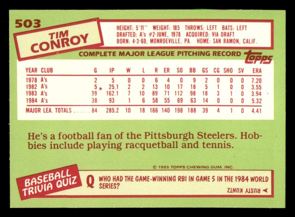 1985 Topps Tiffany #503 Tim Conroy - Oakland Athletics | eBay