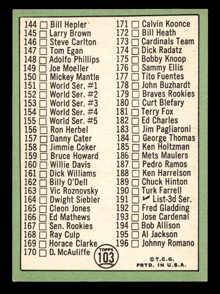 1967 Topps #103 2nd Series Checklist: 110-196 | eBay