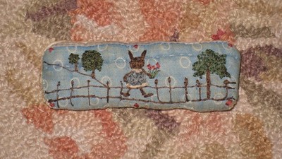 Primitive tiny Sampler Pillow "Miss Rabbit Holding Flowers~Early Quilt ...