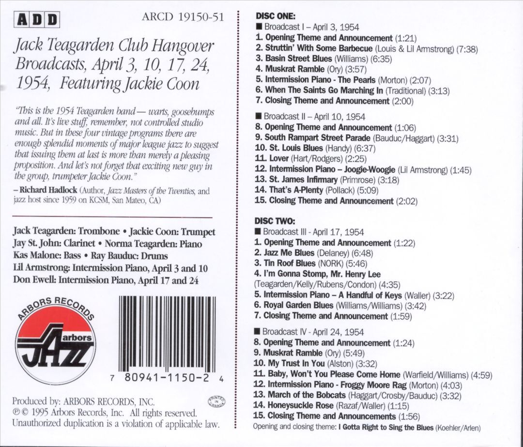 JACK TEAGARDEN - THE CLUB HANGOVER BROADCASTS WITH JACKIE COON NEW CD ...