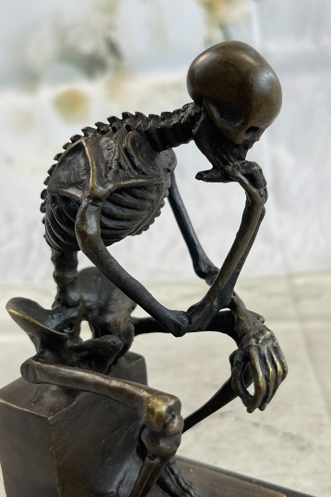 MODERN ART SOLID BRONZE "SKELETON THINKER" SIGNED MILO HOT CAST MARBLE ...