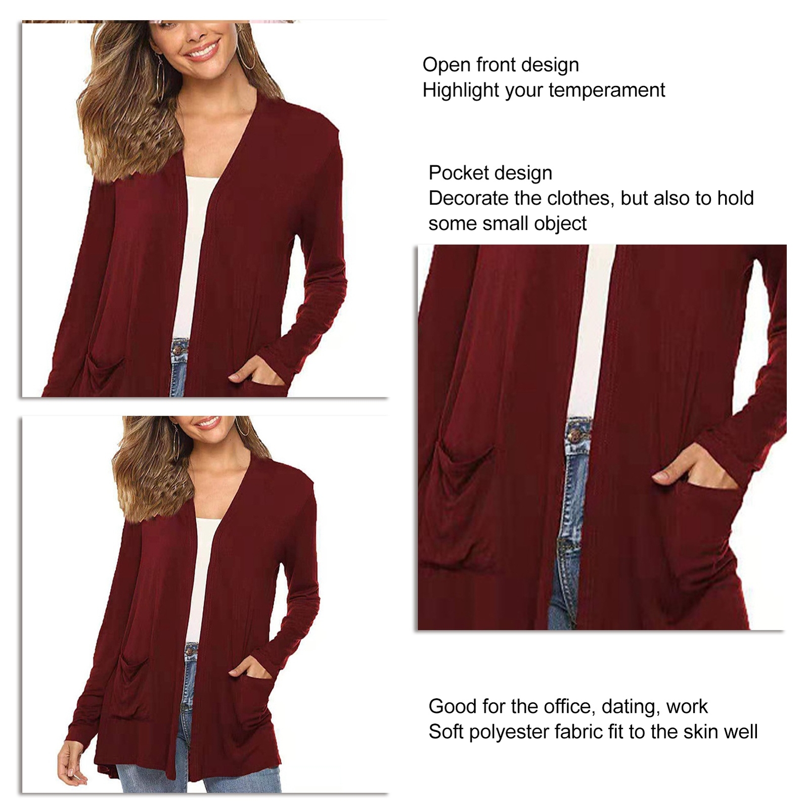 (Wine Red L)Women Top Long Sleeve Open Front Pocket Stylish Loose Fit ...