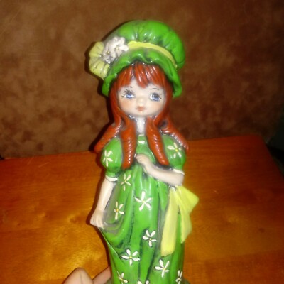 Vintage Ceramic 70s Retro Girl Figure Statue Figurine Green Bonnet ...