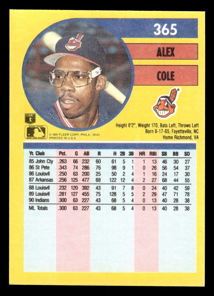 ALEX COLE ⚾ 1991 Fleer Baseball #365 Cleveland Indians | eBay