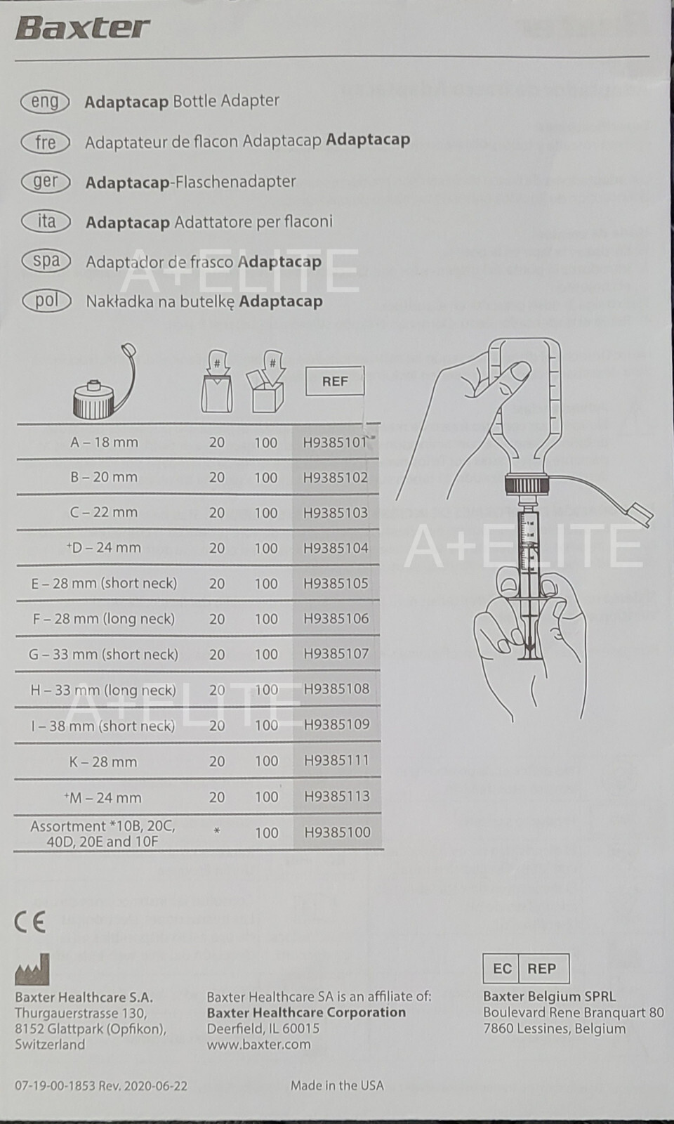 BAXTER BAXA ADAPTA-CAP Bottle Exactamed Adapter Size M 24mm Long 20/PK ...