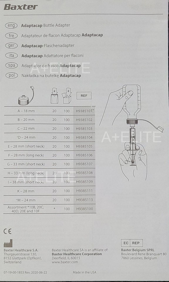 BAXTER BAXA ADAPTA-CAP Bottle Exactamed Adapter Size M 24mm Long 20/PK ...