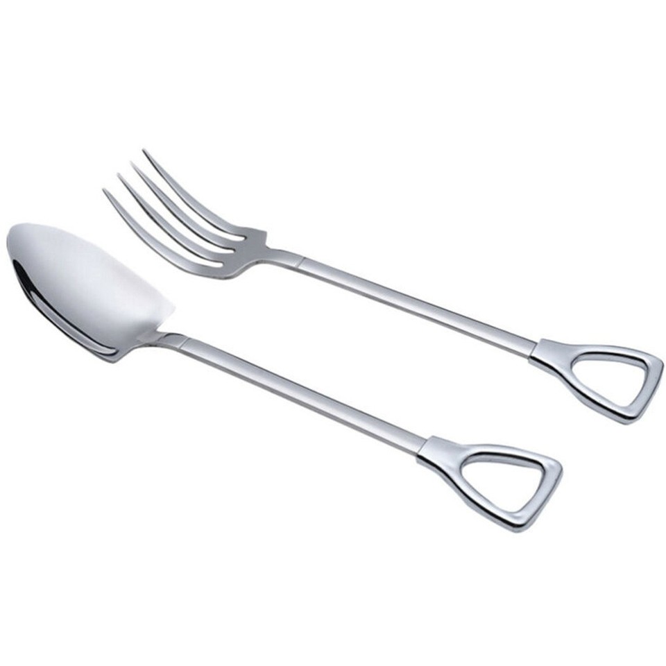 2 PCS Stainless Steel Spoon And Fork Set 1x Cute Shovel Shape Spoon ...