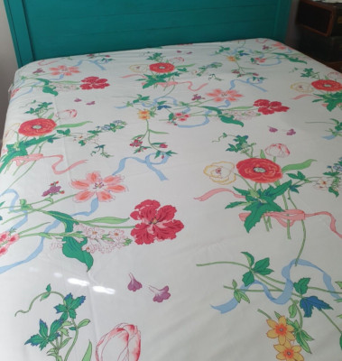 Vintage Springmaid Bed Sheet Coverlet Queen Ribbons Flowers Daisies ...