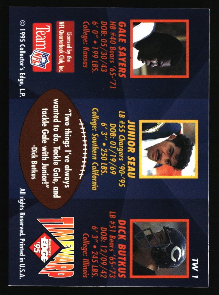 Gale Sayers Junior Seau Dick Butkus 1995 Collector's Edge FOOTBALL Card ...