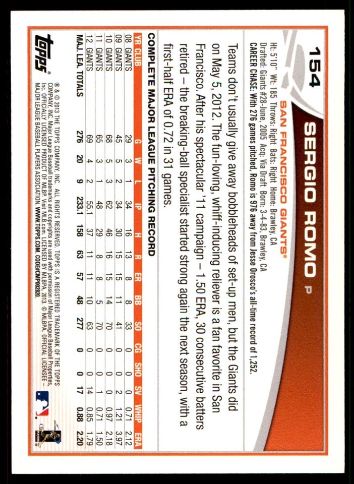 2013 Topps Sergio Romo Baseball Cards #154 | eBay