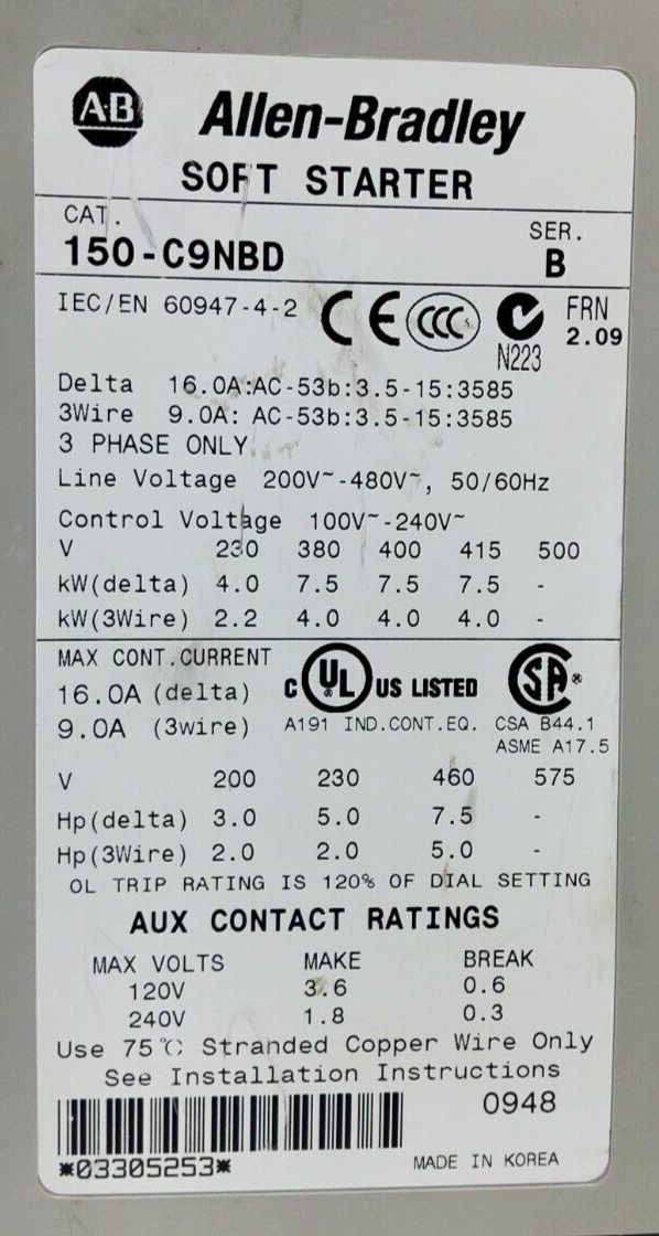 ALLEN-BRADLEY SMC-3 150-C9NBD SOFT STARTER | eBay