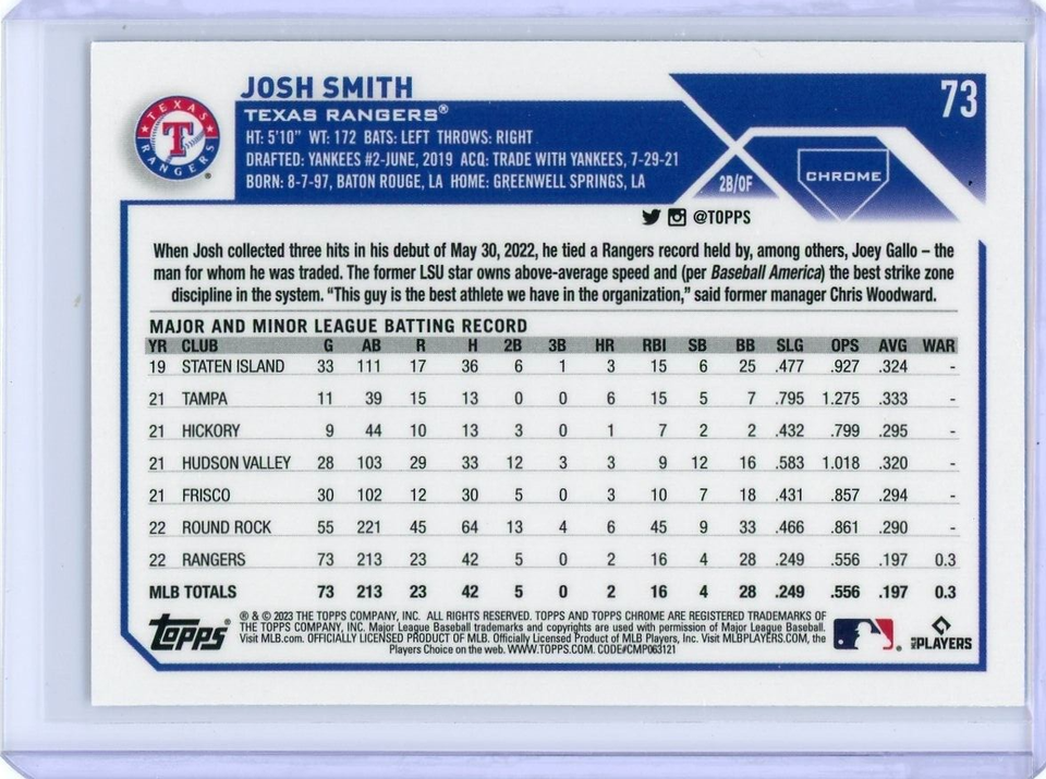 Josh Smith Rookie RC 2023 Topps Chrome Base #73 Texas Rangers | eBay