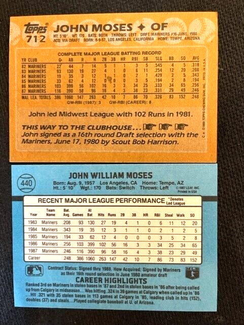 MLB - John Moses 1988 Topps & 1988 Donruss Baseball - Mariners | eBay