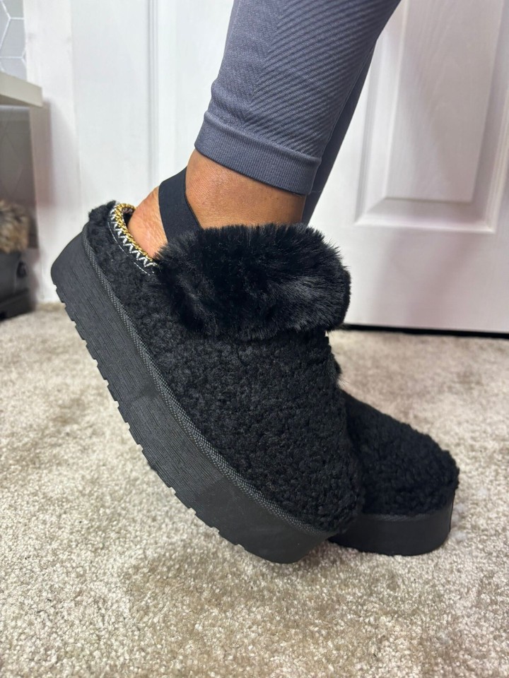 WOMENS LADIES COMFY FLUFFY FAUX FUR PLATFORM SLIPPERS MULES SHOES SIZE ...