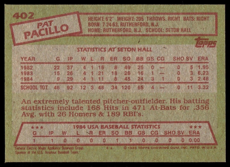 1985 Topps Pat Pacillo Rookie USA #402 | eBay