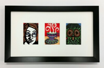 ACEO Picture Frame - fits three ATC prints - thin black wood with white ...