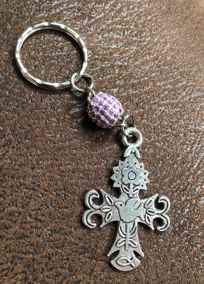 dove cross sliver tone purple rhinestone bead keychain gift keyring#10A ...