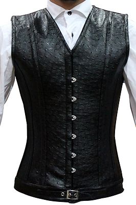 Man Black Ostrich Pvc Real Steel Bones Lace Up Back Vest Corset S~7XL ...