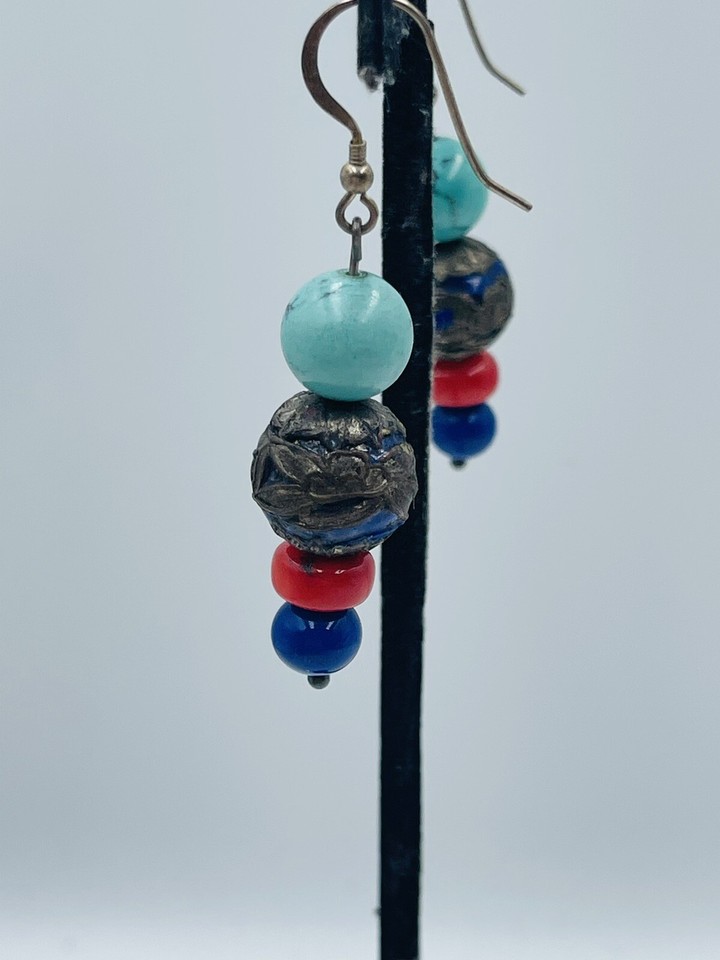 Chinese Vintage Sterling Silver Blue Turquoise Coral Bead Dangle ...