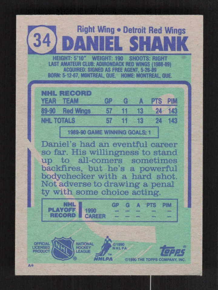 Daniel Shank RC 1990 Topps Detroit Red Wings #34 | eBay