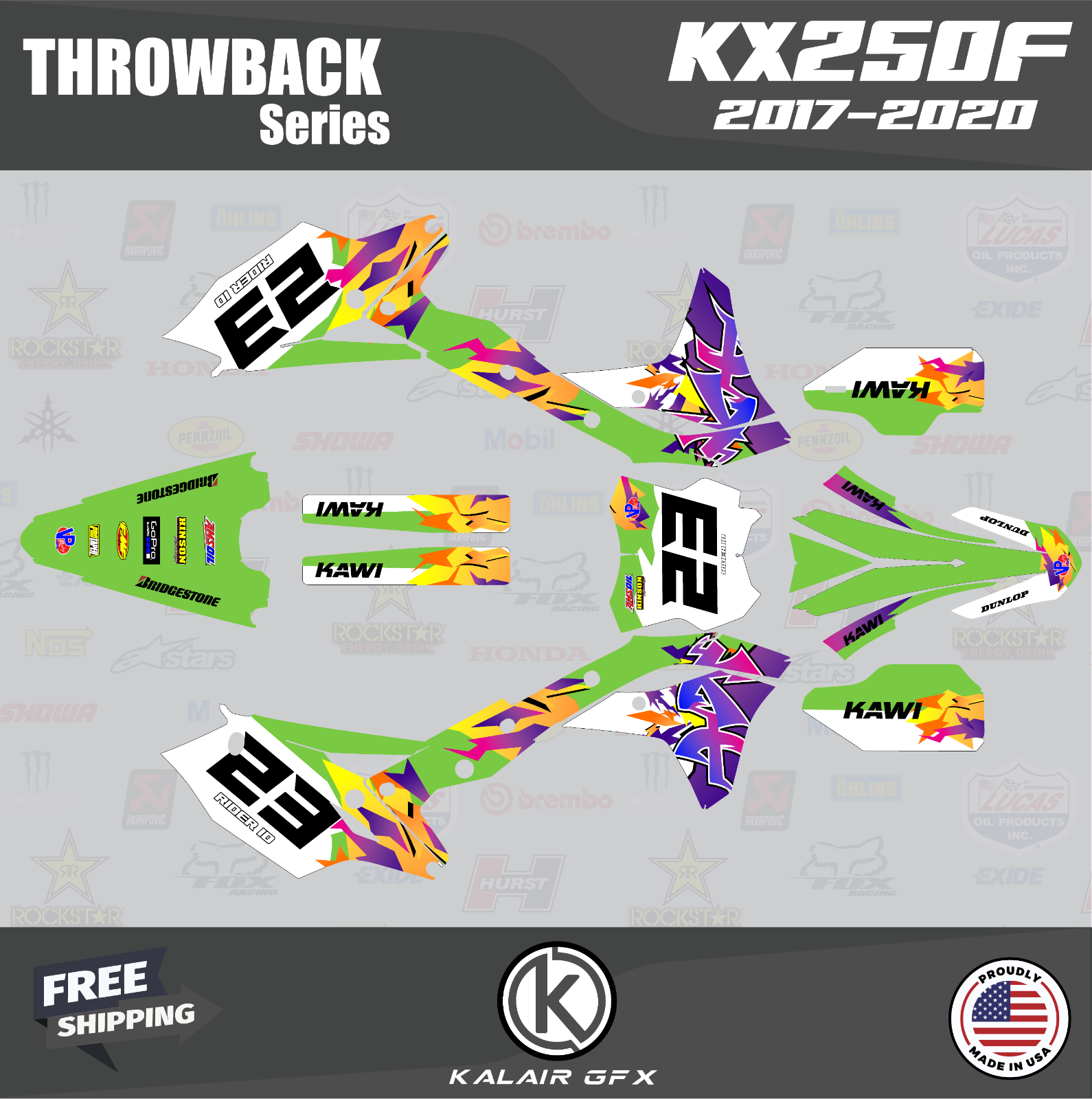 Graphics Kit for Kawasaki KX250F (2017-2020) KX 250F Throwback - Green ...