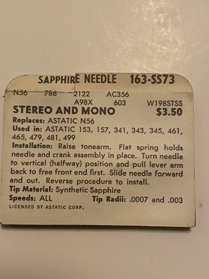 164-SS73 for ASTATIC N56 N58 163-SS73 SAPPHIRE STYLUS RECORD NEEDLE LP ...