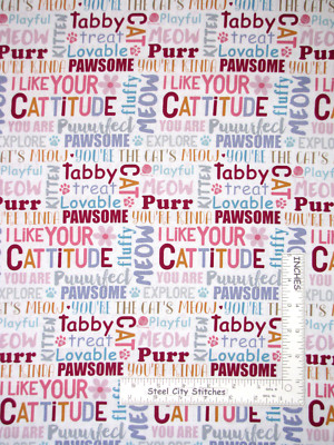 Kitty Cat Words Purr Meow Kitten White Cotton Fabric Studio E Cattitude ...