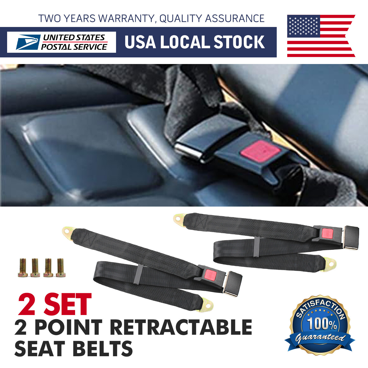 2Pack Black Adjustable Universal 2 Point Retractable Auto Car Seat Lap ...