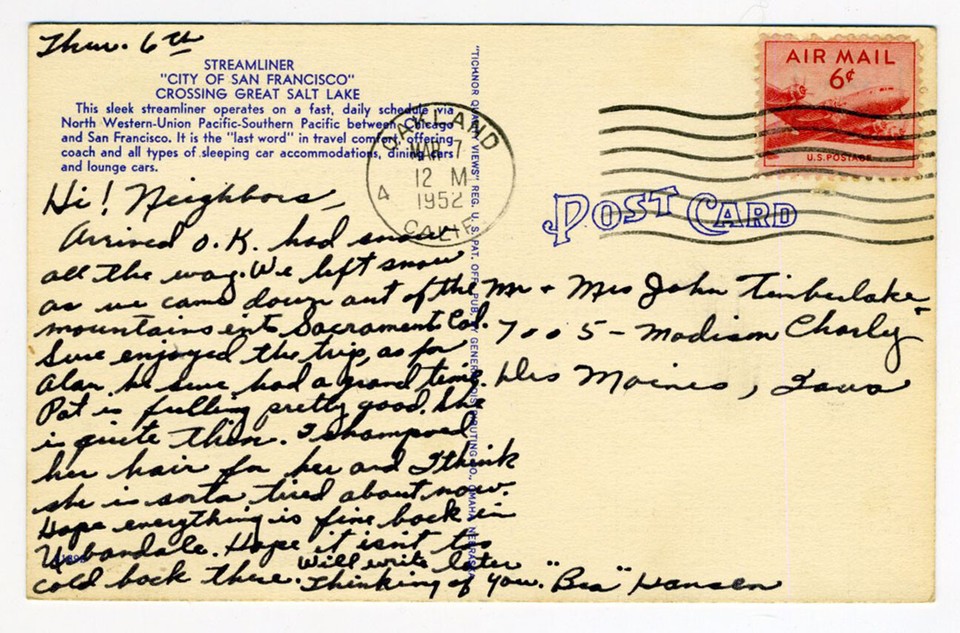 1952 Postmarked Postcard- Streamliner "City Of San Francisco" Crossing ...