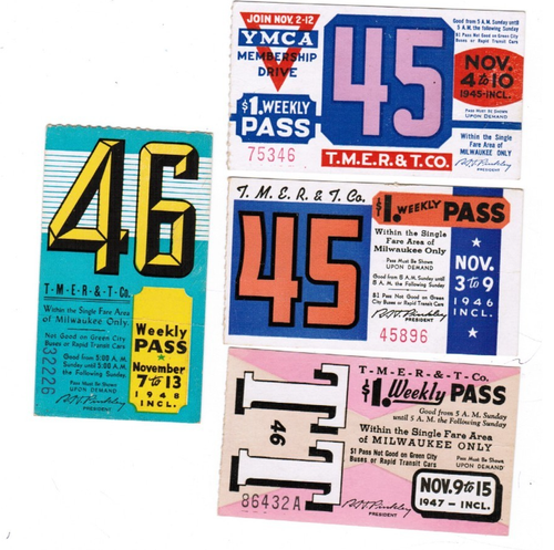 4 Milwaukee Trolley Bus TRANSIT TICKET Passes November 1945, 1946, 1947 ...