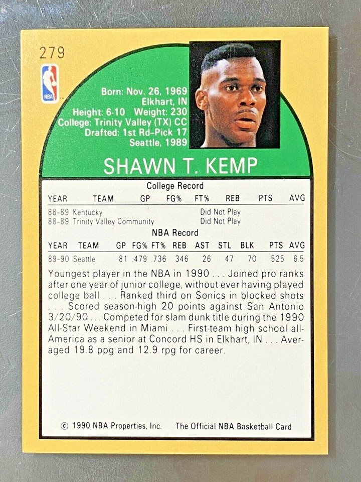 SHAWN KEMP 1990-91 NBA Hoops Rookie Card RC #279 Seattle Supersonics NM ...